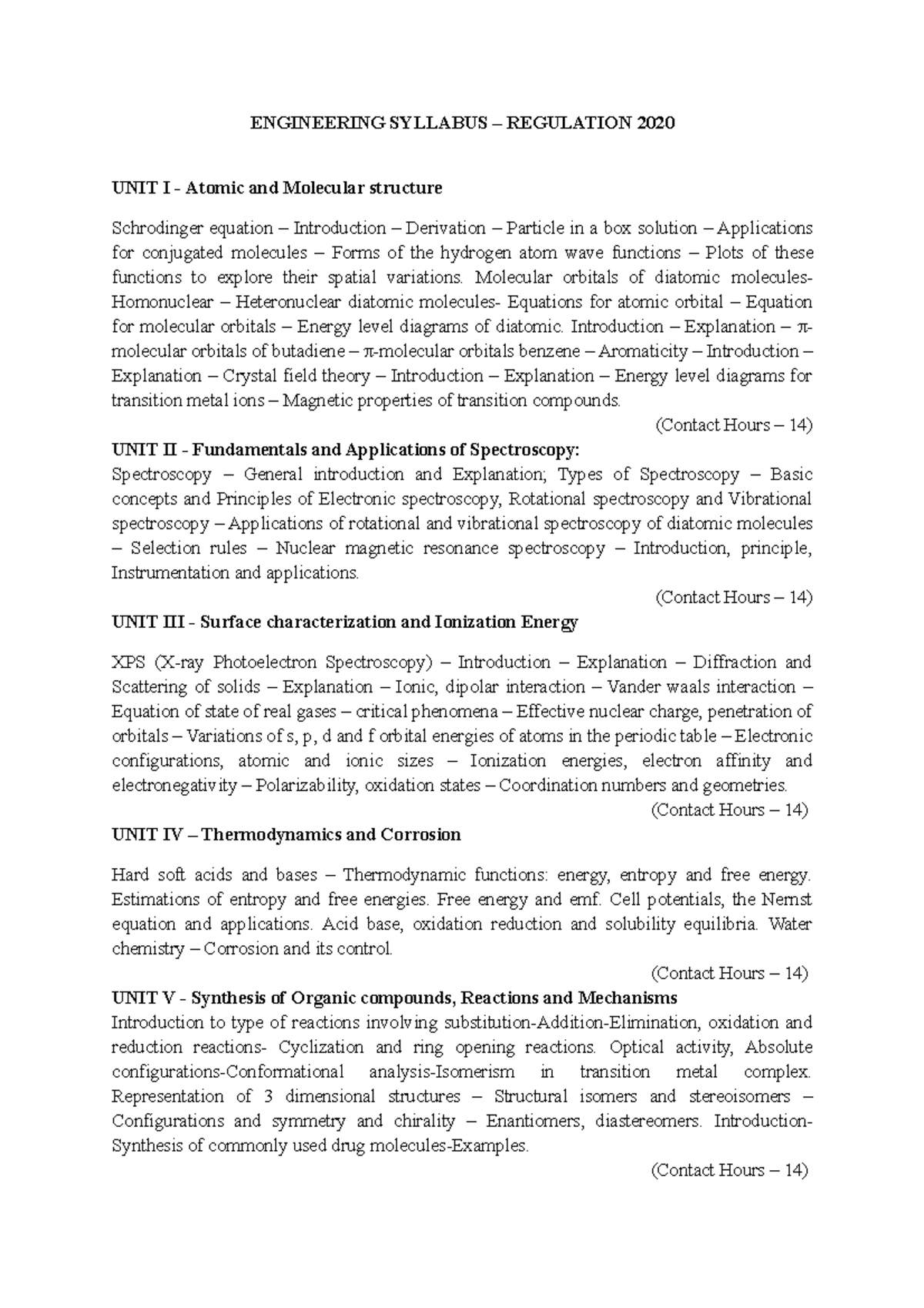 Chemistry-NEW Syllabus 2020 - ENGINEERING SYLLABUS REGULATION 2020 UNIT ...