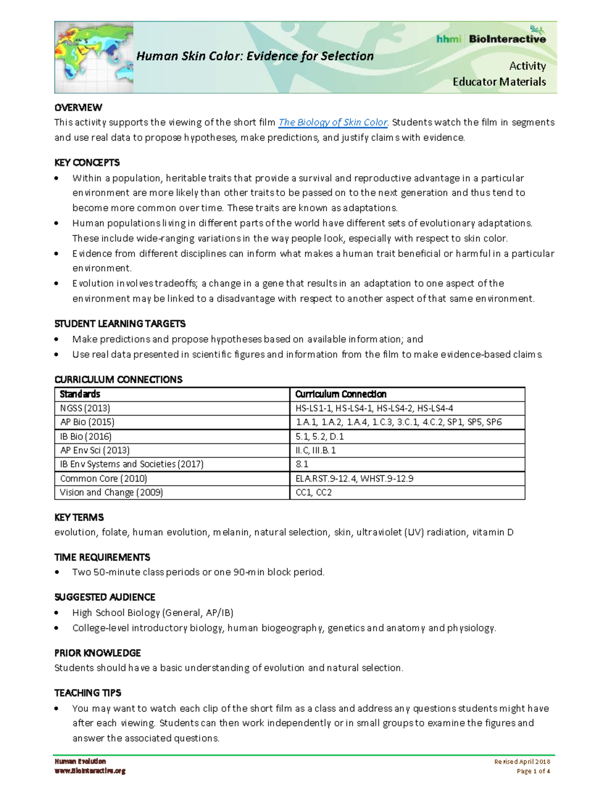 Skincolorselection-educator-act - Human Evolution Revised April 2018 ...