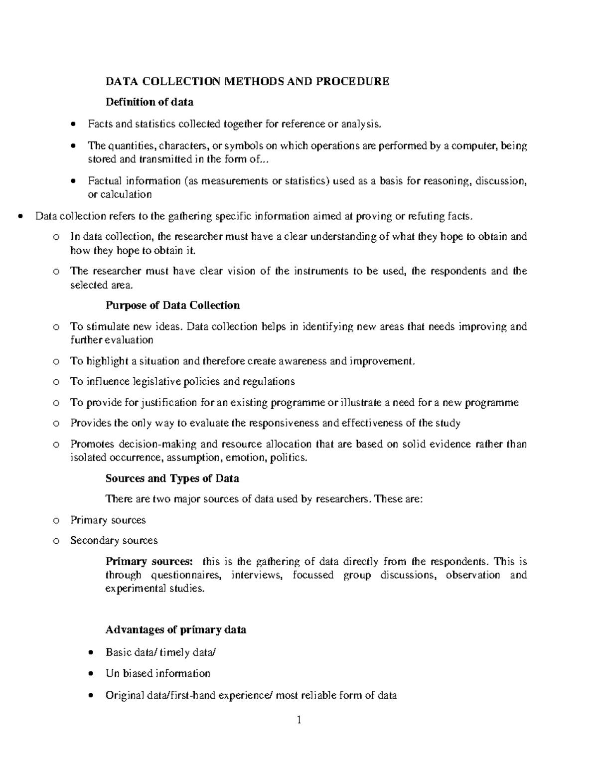 DATA Collection Methods AND Procedure - DATA COLLECTION METHODS AND ...