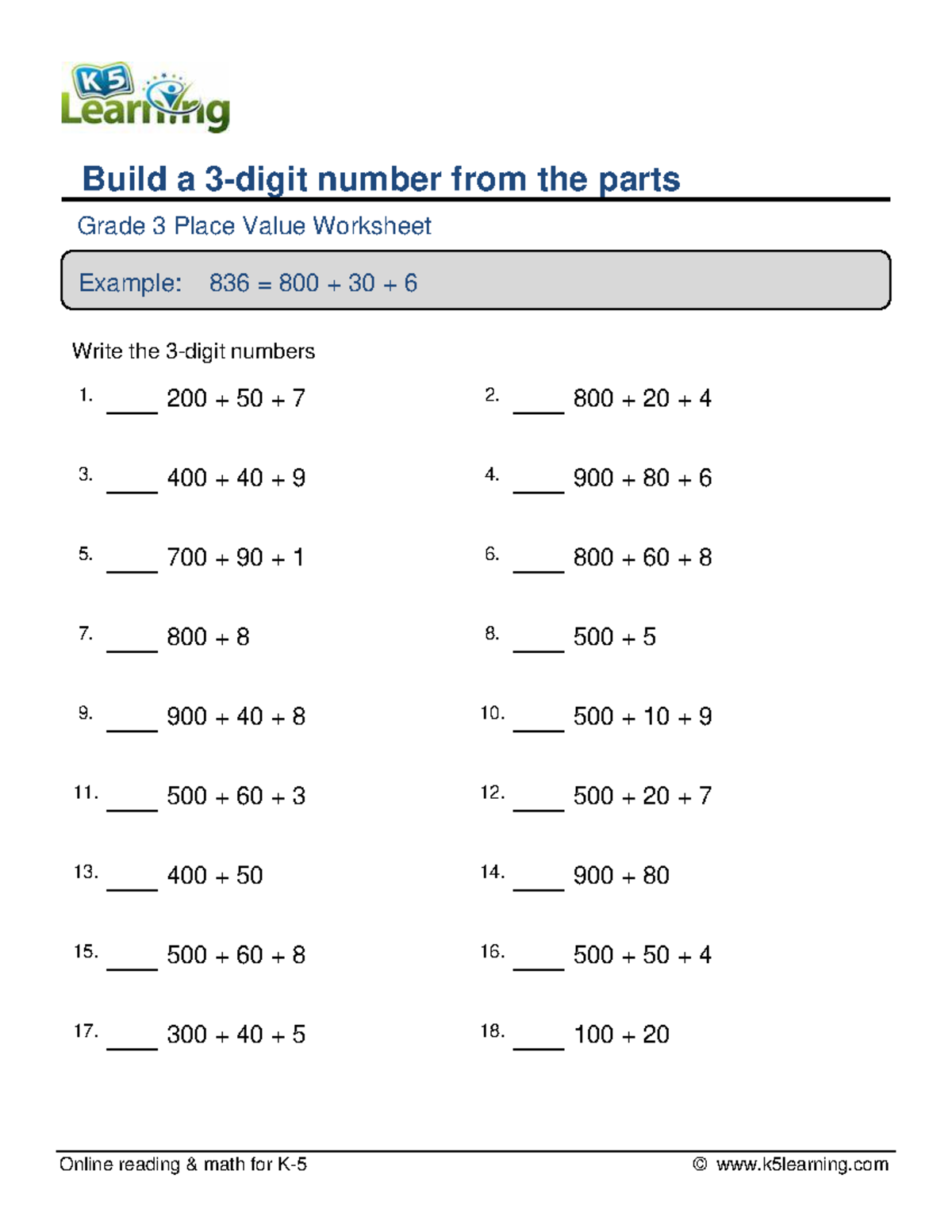 Grade 3 3 digit number from parts a - Online reading & math for K-5 ...