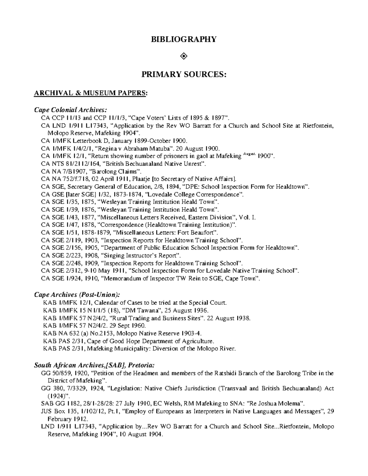 Content - PRIMARY SOURCES: ARCHIVAL & MUSEUM PAPERS: Cape Colonial ...