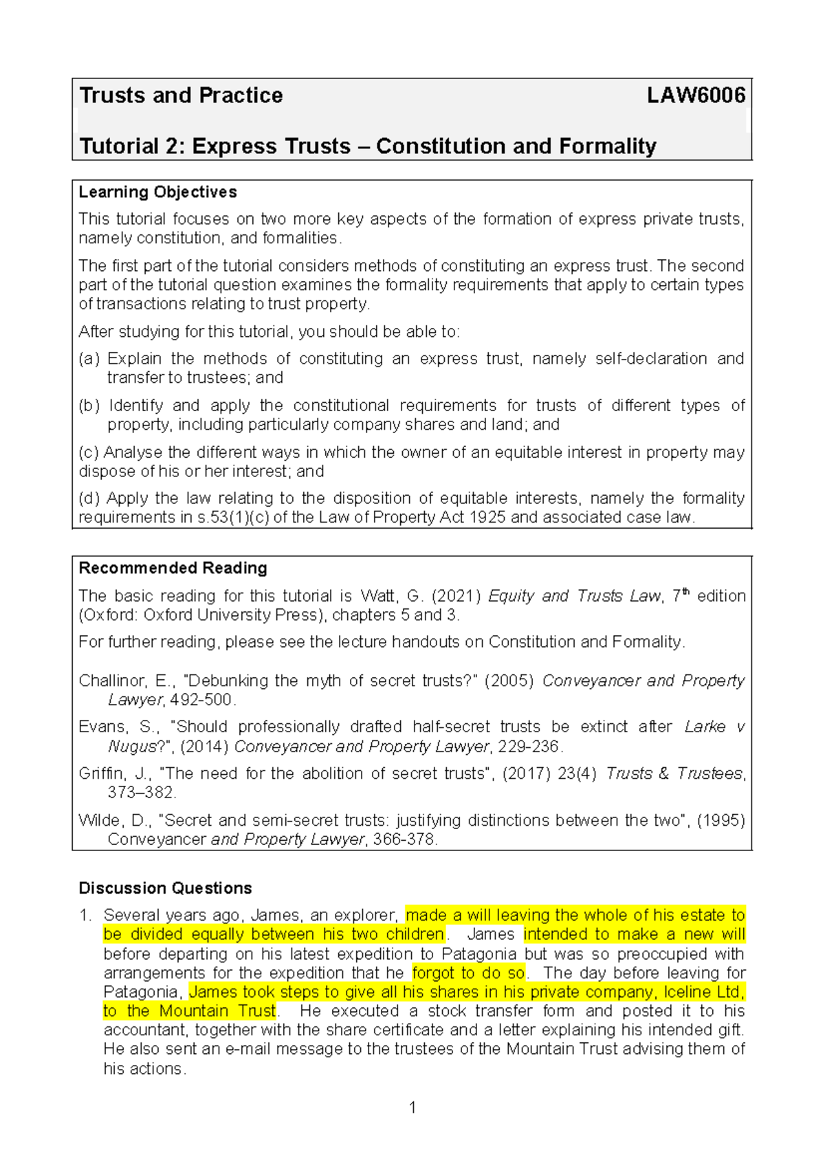 Trusts and Practice LAW 6006 - Trusts and Practice LAW Tutorial 2: Express Trusts – Constitution ...