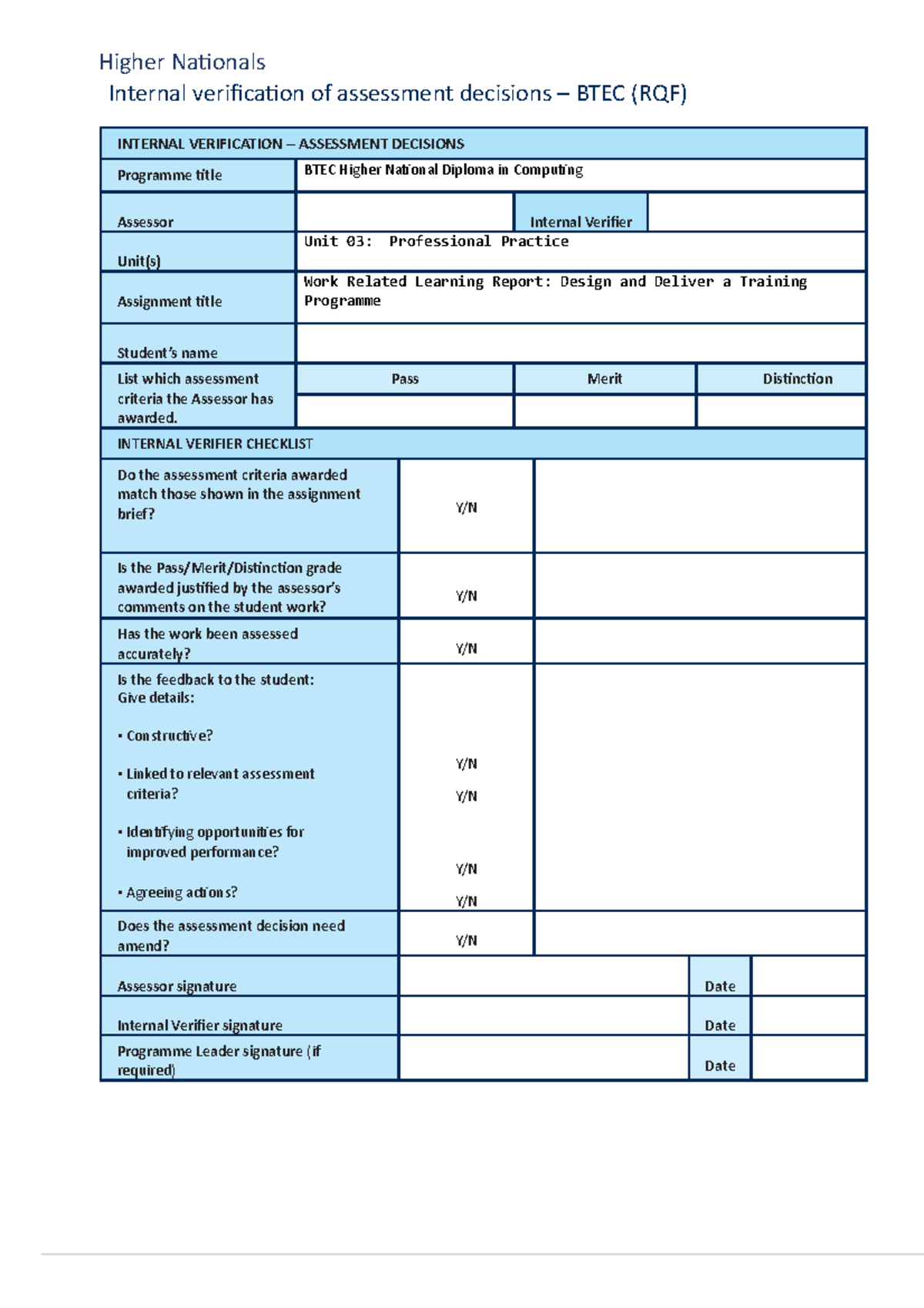 Hnd Pp Unit Assignment Higher Nationals Internal Verification Of Assessment Decisions Btec