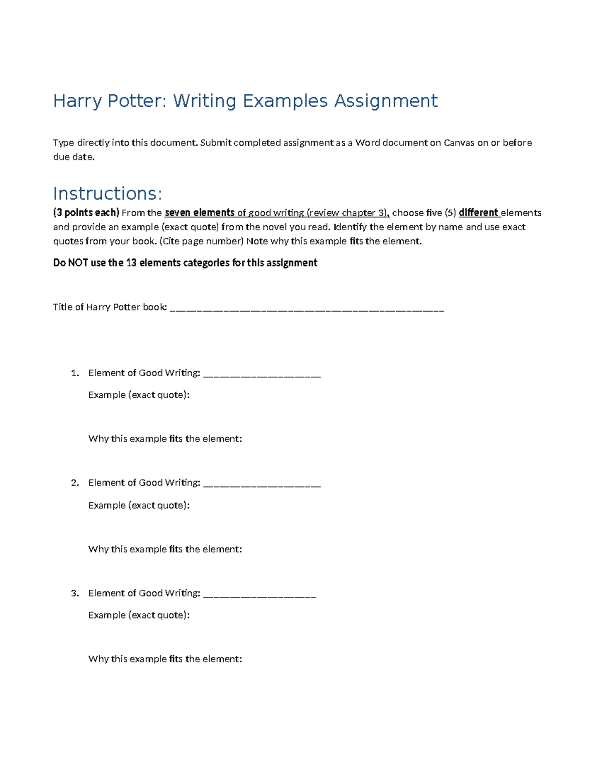 Harry Potter 5 Writing Examples Assignment - Submit completed ...