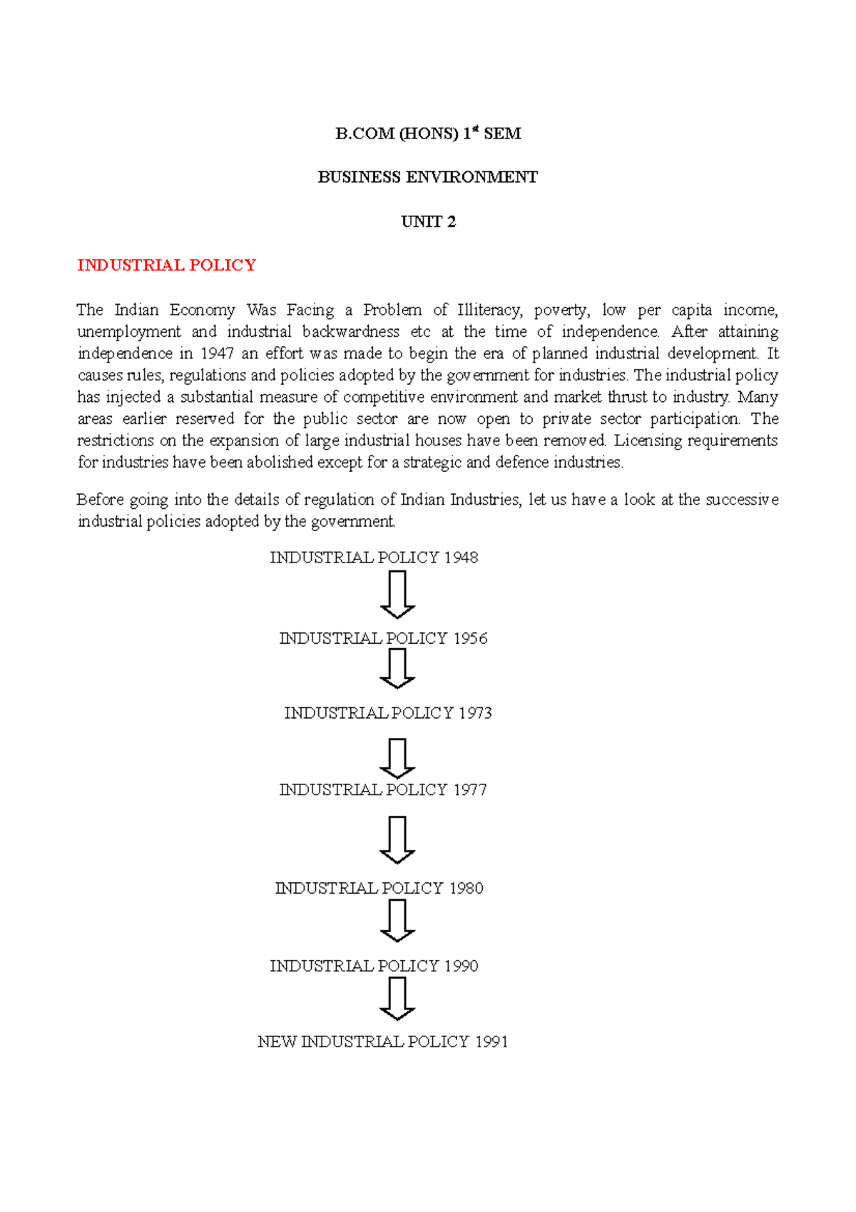 Bus. Env unit 2 (Industrial. Policy - B (HONS) 1st SEM BUSINESS ...