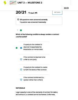 Unit 2 milestone 2 test - 1 20 / 21 that's 95% RETAKE 20 questions were ...