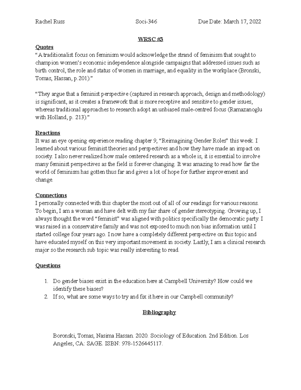 WRSC #3 - WRSC 3 - Rachel Russ Soci-346 Due Date: March 17, 2022 WRSC ...