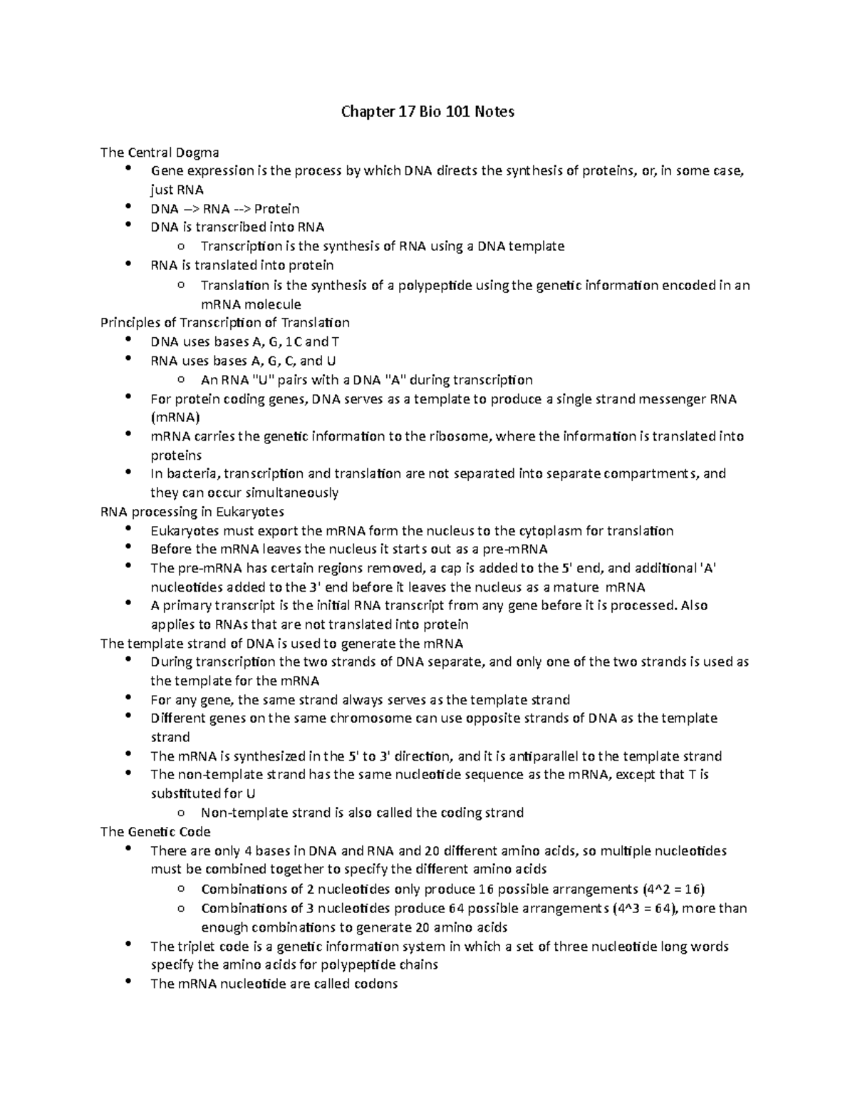 Chapter 17 Bio 101 Notes - Chapter 17 Bio 101 Notes The Central Dogma ...