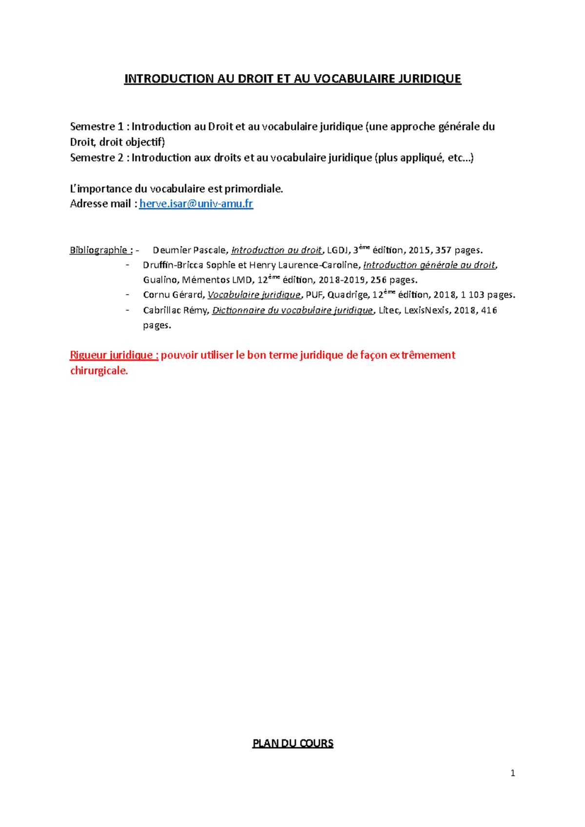 Fiche Introduction au Droit et au vocabulaire juridique partie 1 - AMU - Studocu