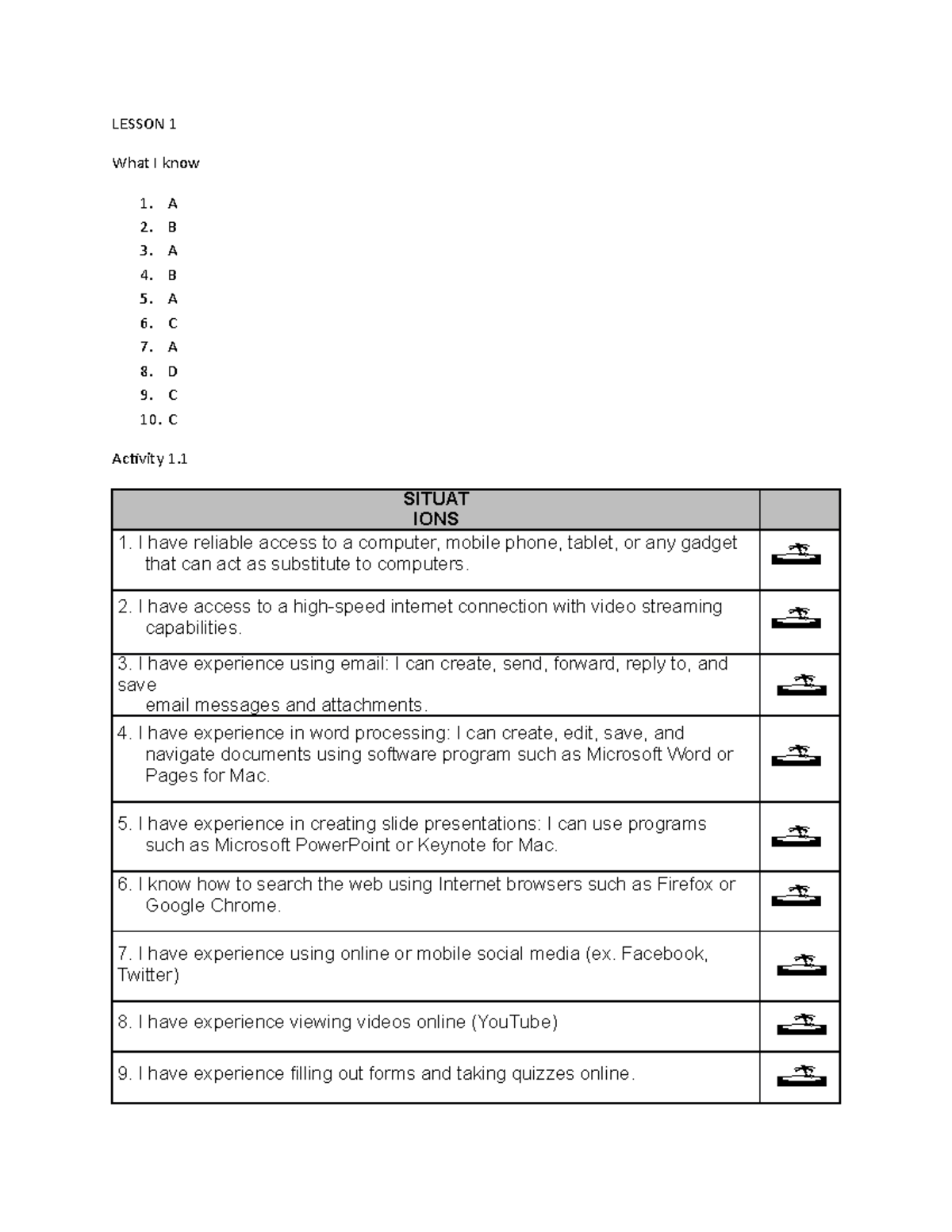 Emptech MOD 1 - Module Empowerment technology - LESSON 1 What I know A B A B A C A D C C ...