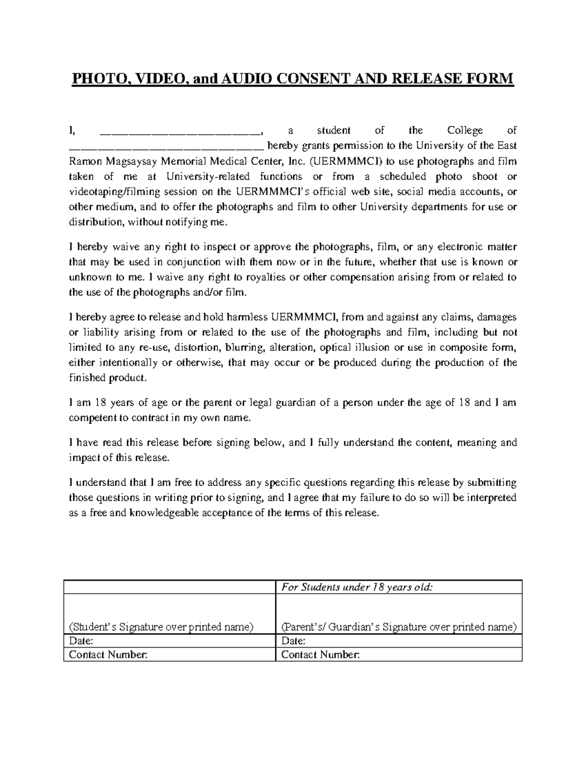 Photo Video and Audio Consent AND Release FORM - PHOTO, VIDEO, and ...