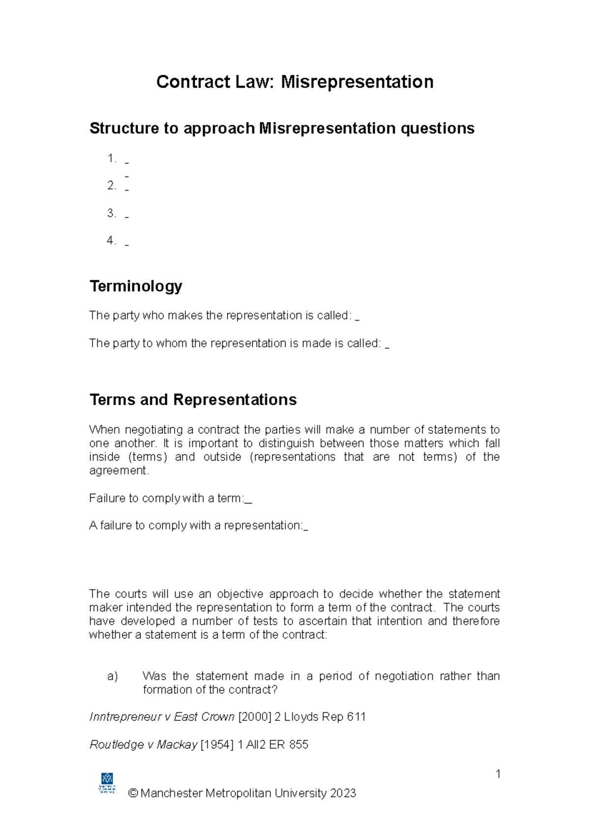 Misrepresentation lecture assignment details practice - Contract Law ...