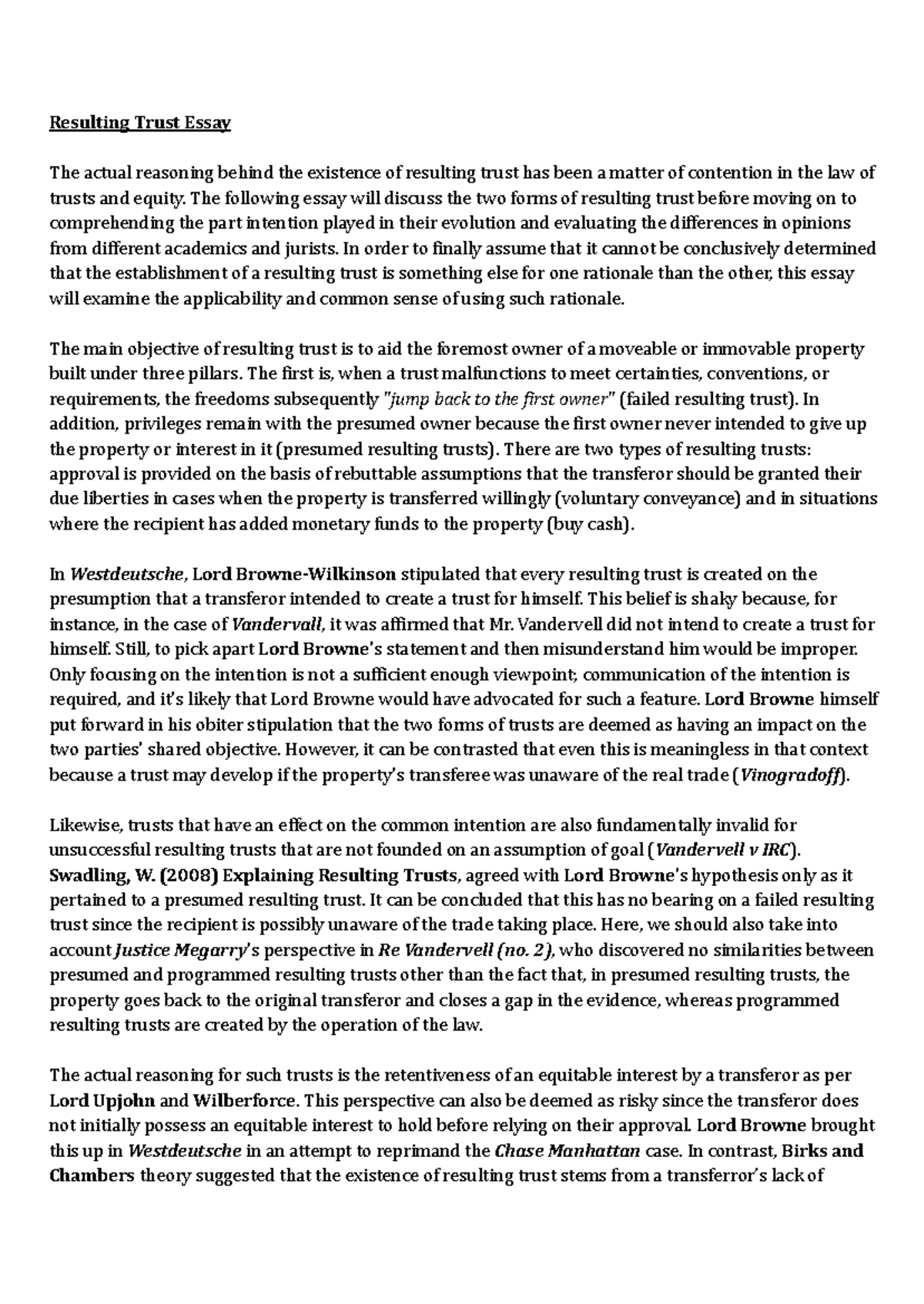 Trust Essay 4 - N/A - Resulting Trust Essay The actual reasoning behind ...