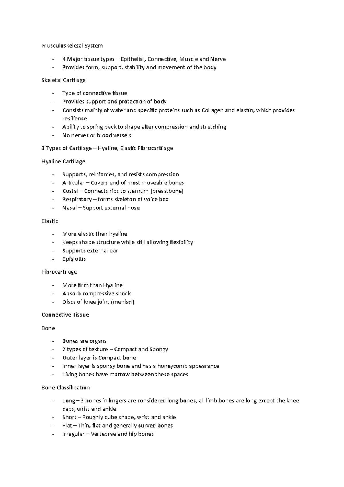 Musculoskeletal System All Lectures (Notes) - Lecture notes, lectures 1 ...
