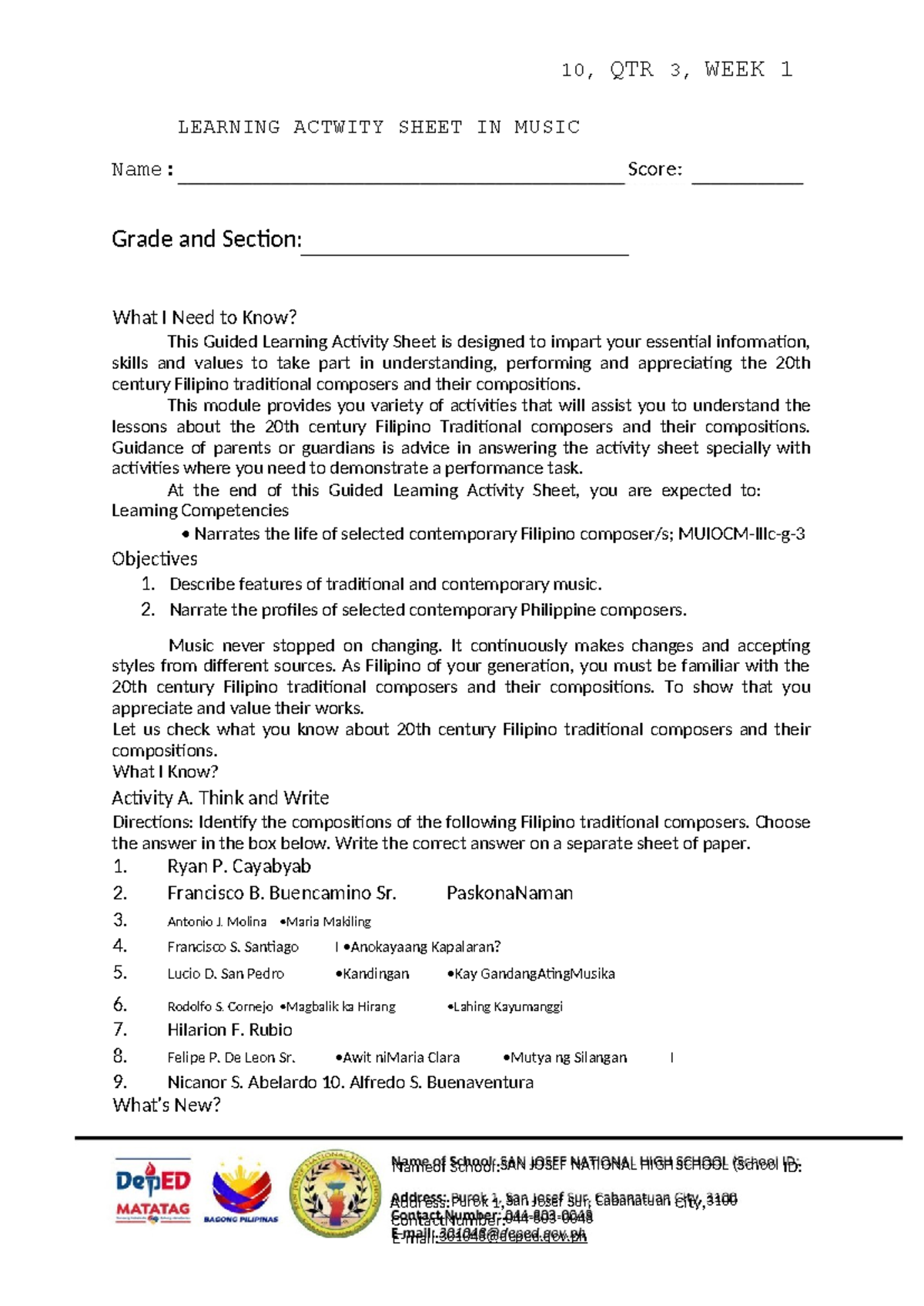 Leaning Activity Sheet Q3 Grade 10 Week 1 - Nameof School:SAN JOSEF ...