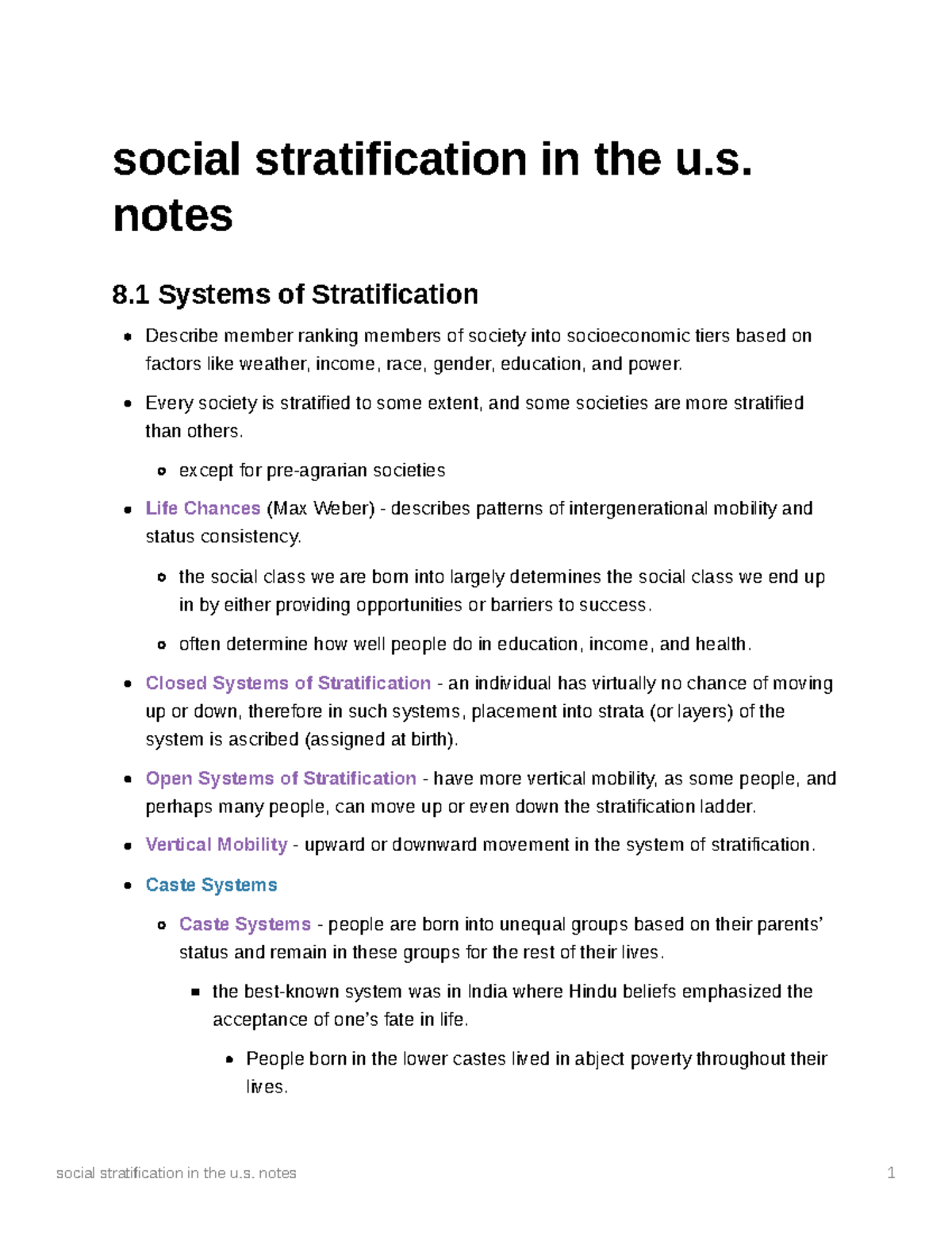Social stratification in the u - notes 8 Systems of Stratification ...