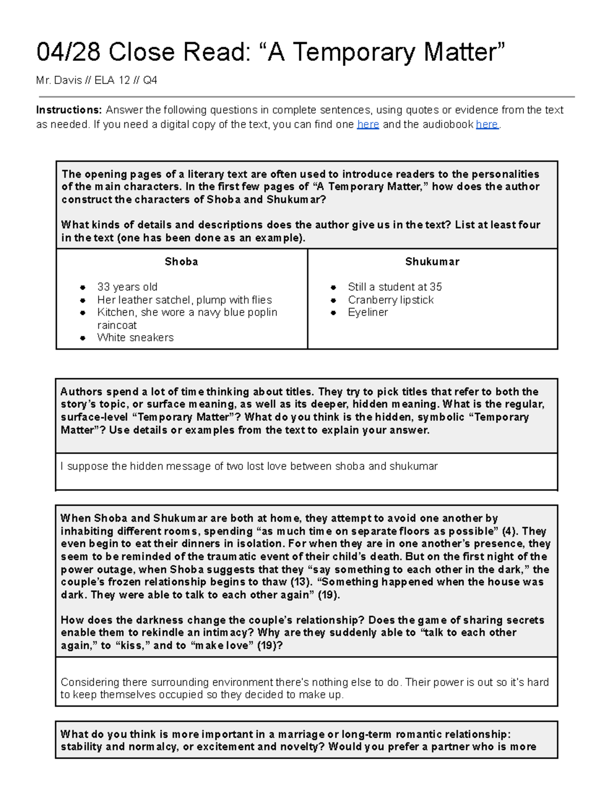 Extensive Thinking - 04/28 Close Read: “A Temporary Matter” Mr. Davis ...