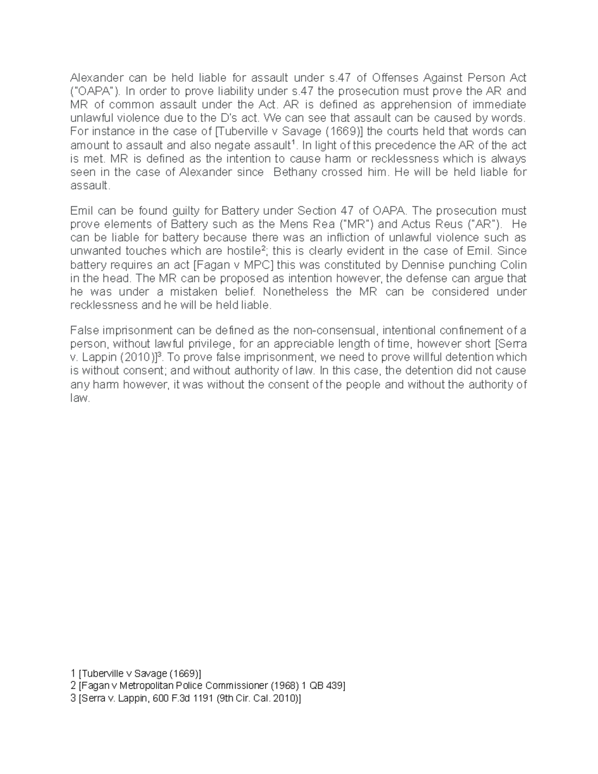 OAPA liability - Answers - Alexander can be held liable for assault ...