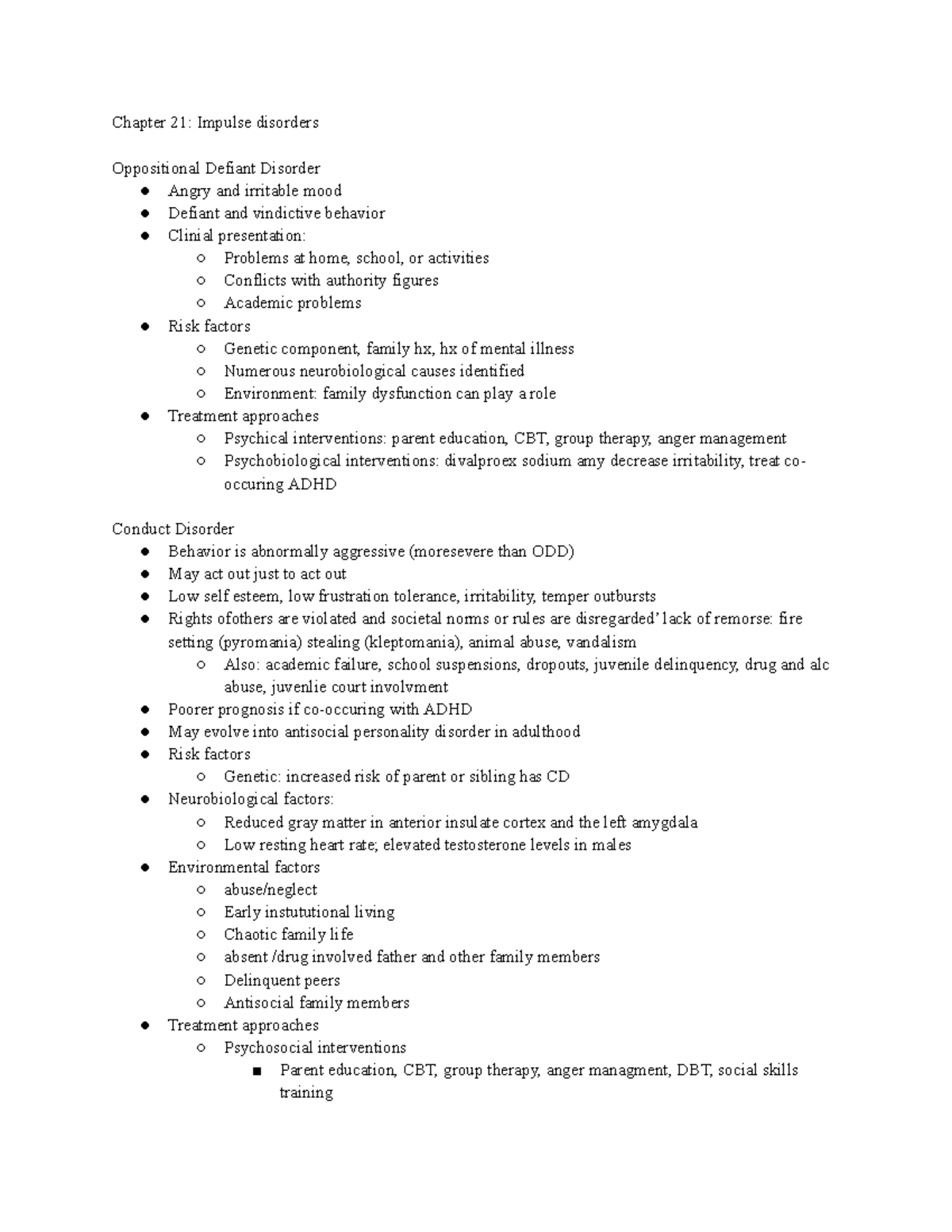 Psych chapter 21 - Chapter 21: Impulse disorders Oppositional Defiant ...