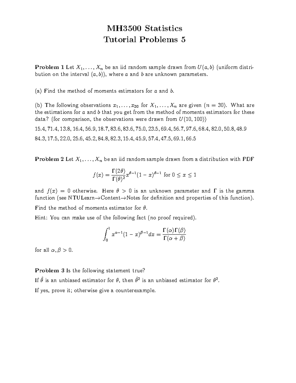 Tutorial 5 MH3500 Notes - MH3500 Statistics Tutorial Problems 5 Problem ...