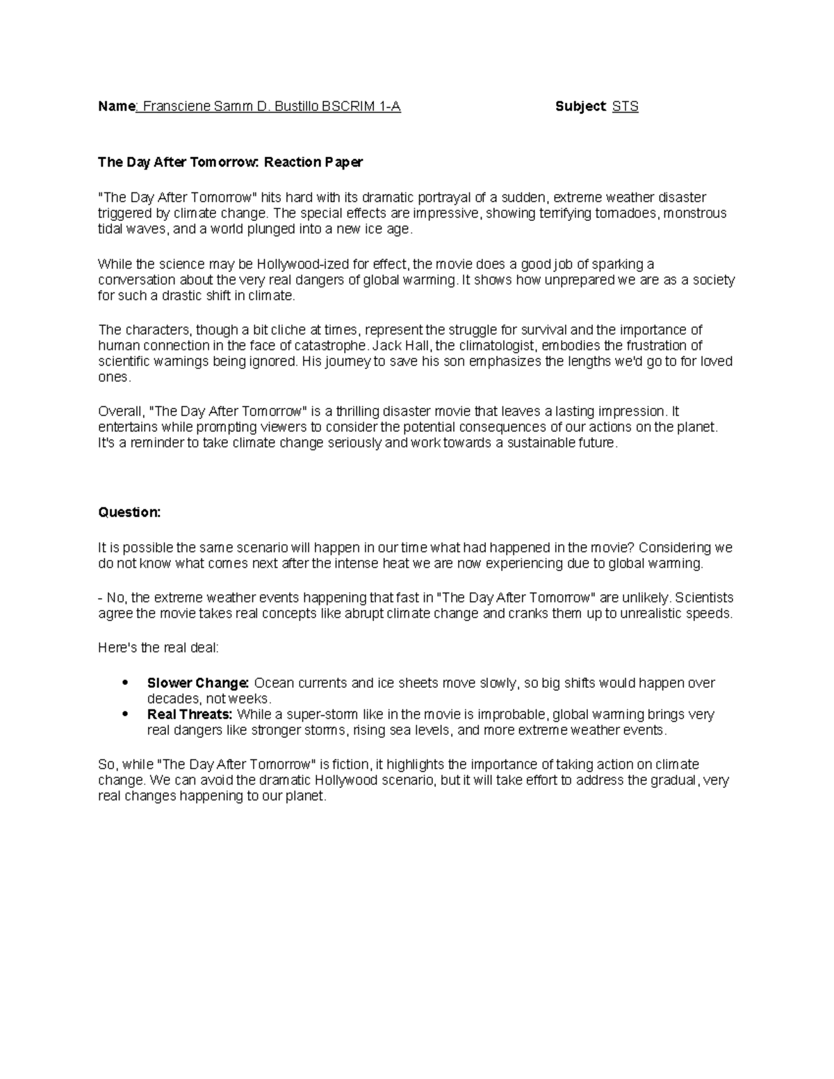 STS assignment (reaction paper) - Name: Fransciene Samm D. Bustillo ...