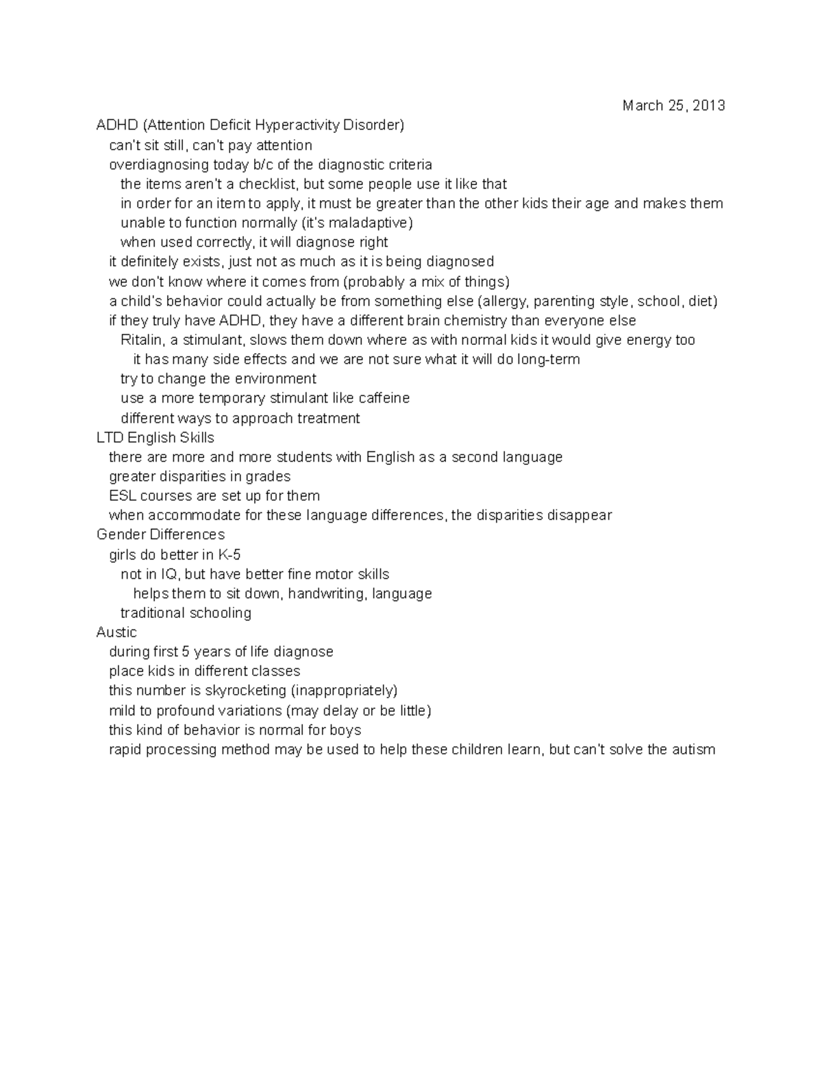 PSY 1600 - Lecture Notes from 325 - March 25, 2013 ADHD (Attention ...