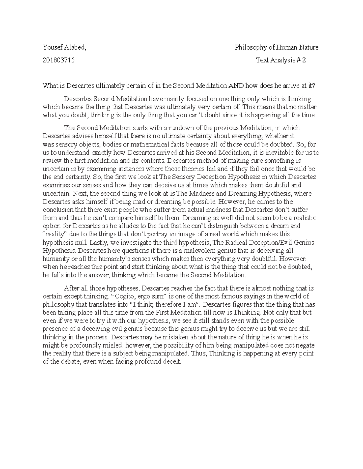 Anaylsis Number 2 - Yousef Alabed, Philosophy of Human Nature 201803715 ...