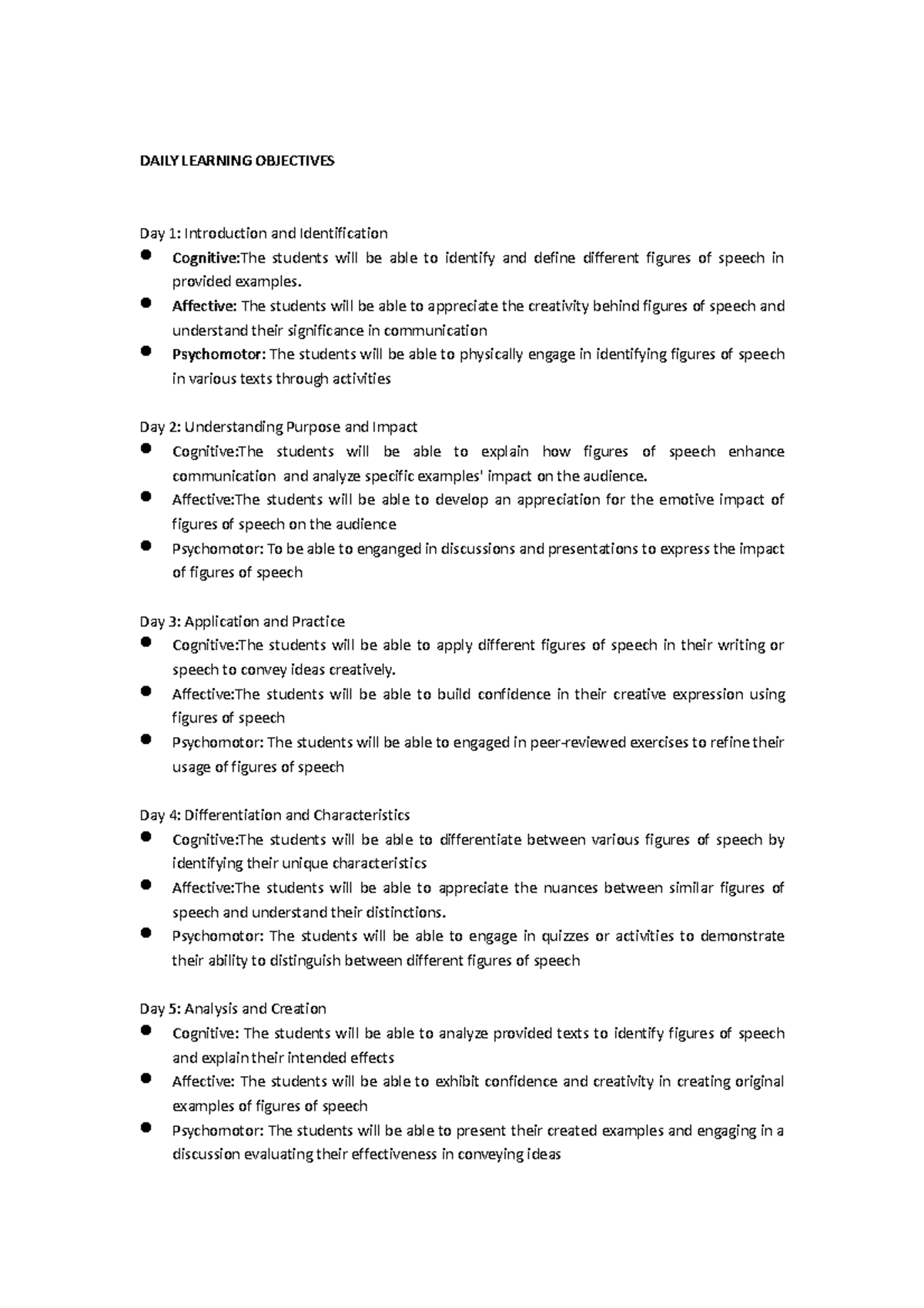 Daily- Learning - DAILY LEARNING OBJECTIVES Day 1: Introduction and ...