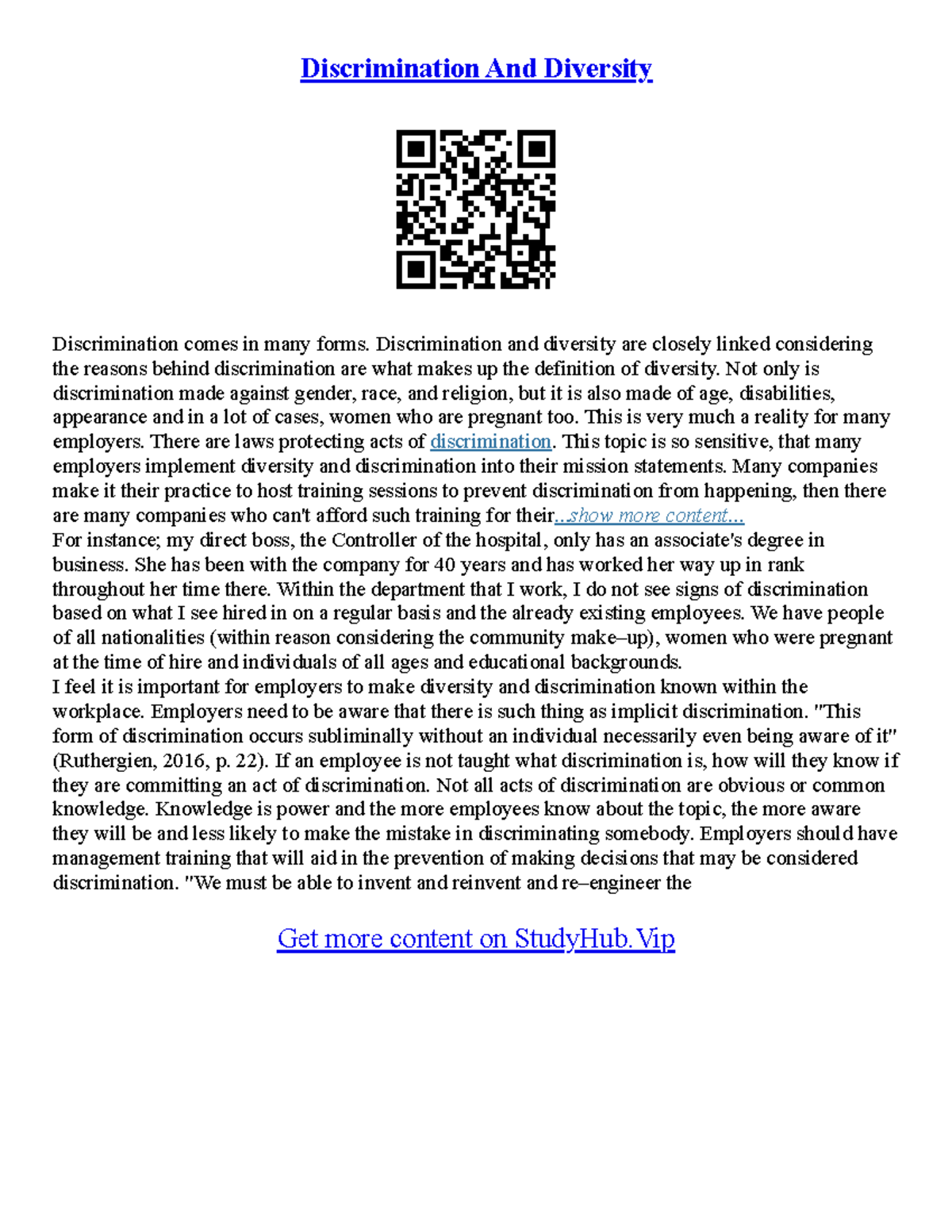 Essays On Discrimination - Discrimination And Diversity Discrimination ...