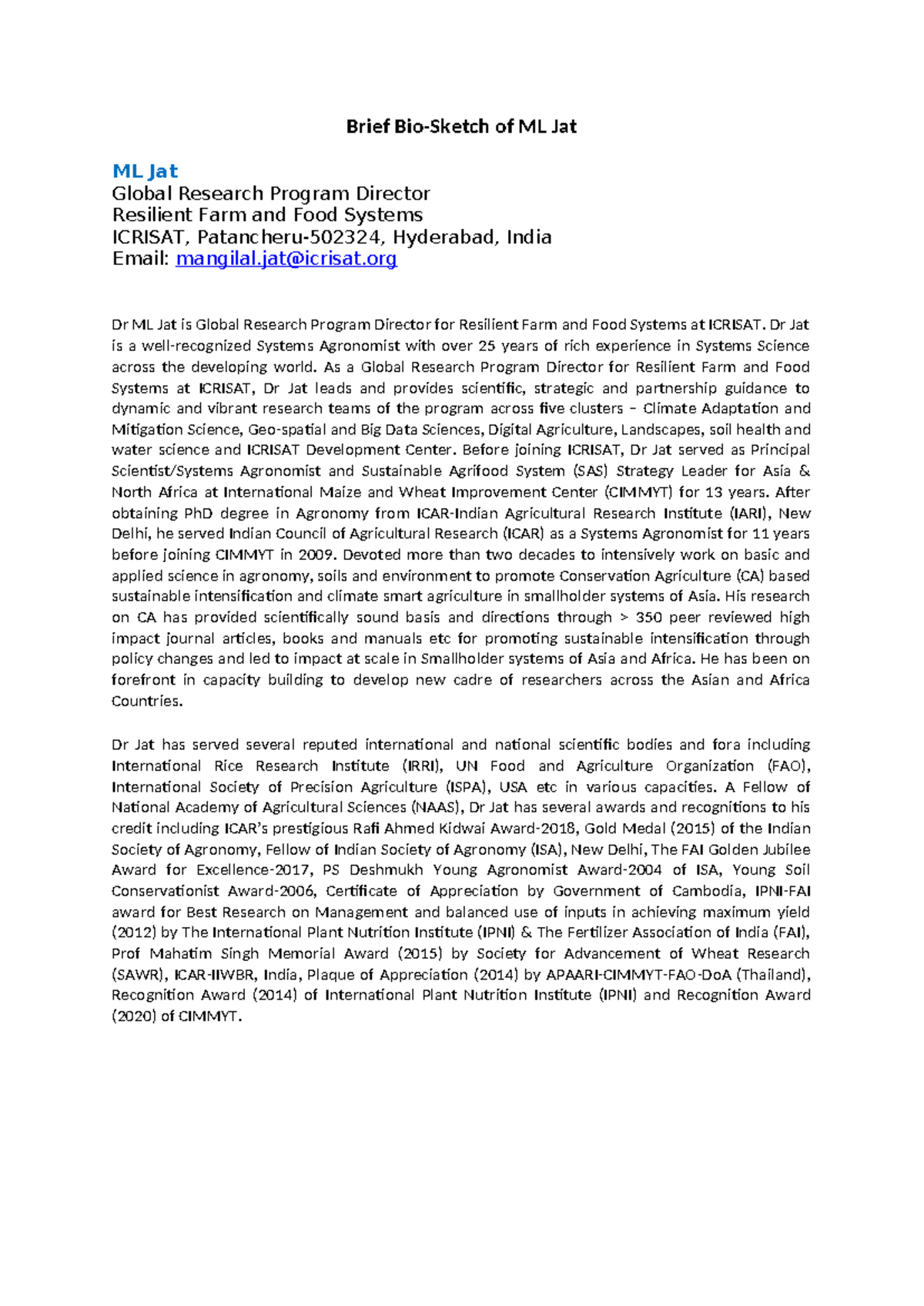 Brief Bio-ML Jat - Brief Bio-Sketch of ML Jat ML Jat Global Research ...