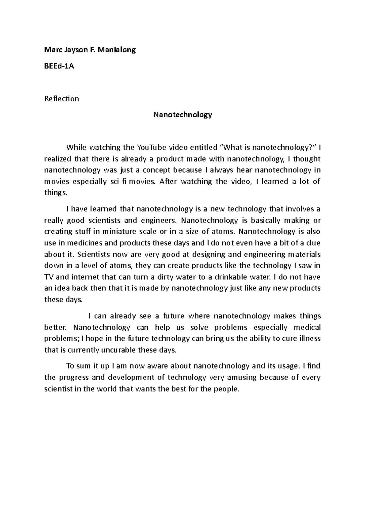 Manialong, Marc Jayson F. BEEd-1A Nanotechnology Reflection - Marc ...