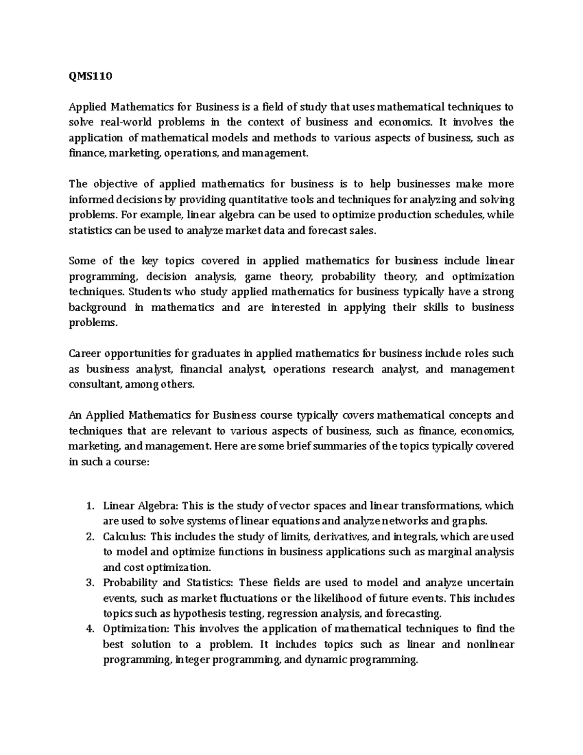 QMS110 - QMS Applied Mathematics for Business is a field of study that ...