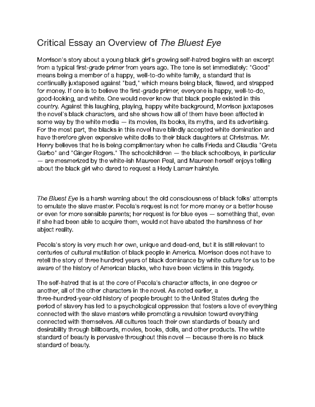 007 Critical Essay An Overview of The Bluest Eye - Critical Essay an ...