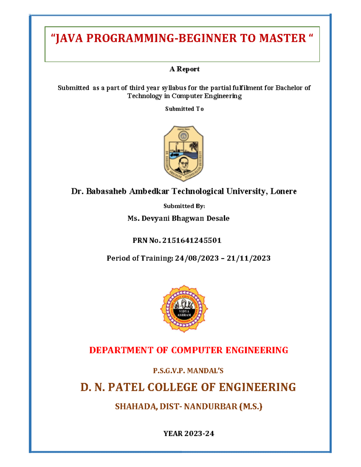 Industrial Report on Java Programming - A Report ####### Submitted as a part of third year ...