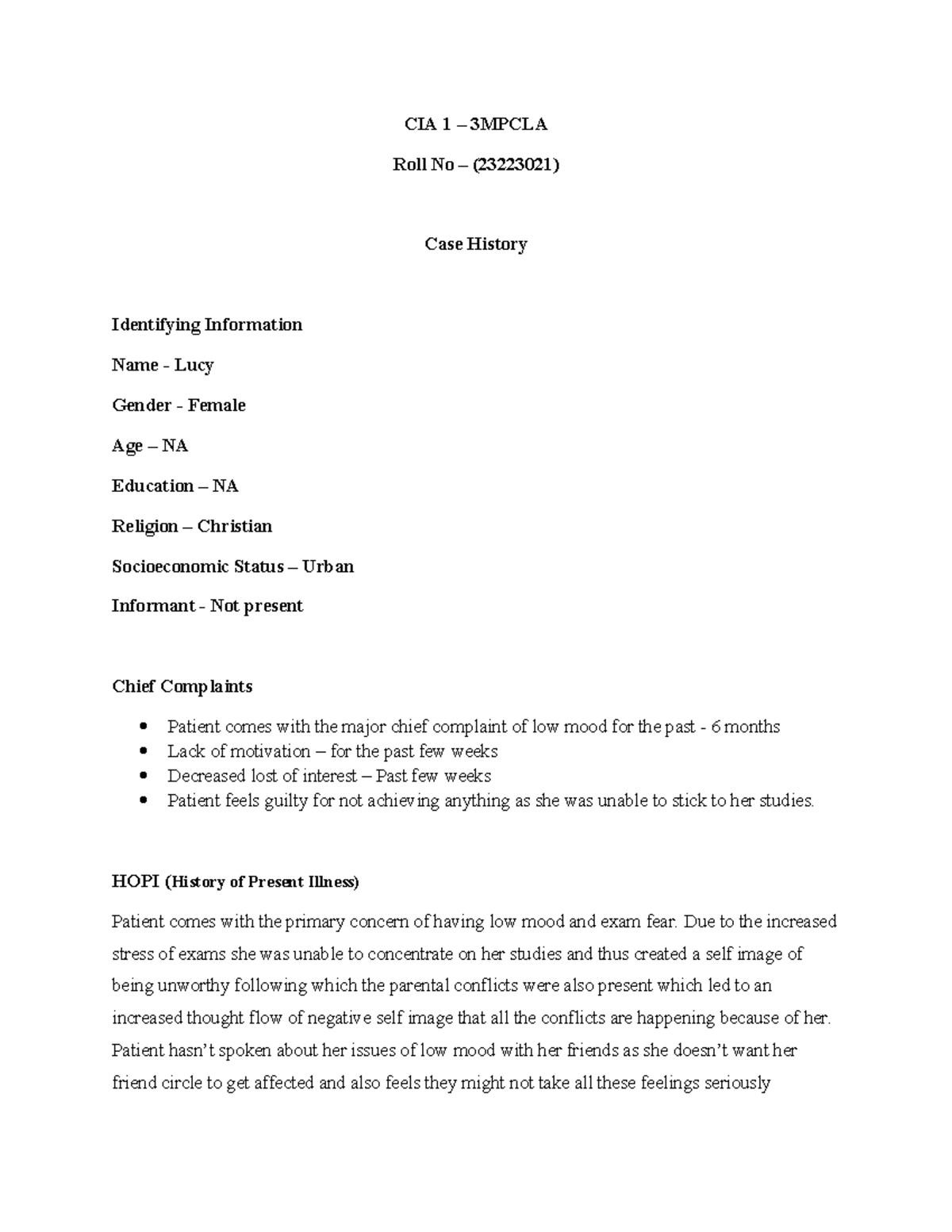 CIA 1 - 23223021 - CASE FORMULATION - CIA 1 – 3MPCLA Roll No ...