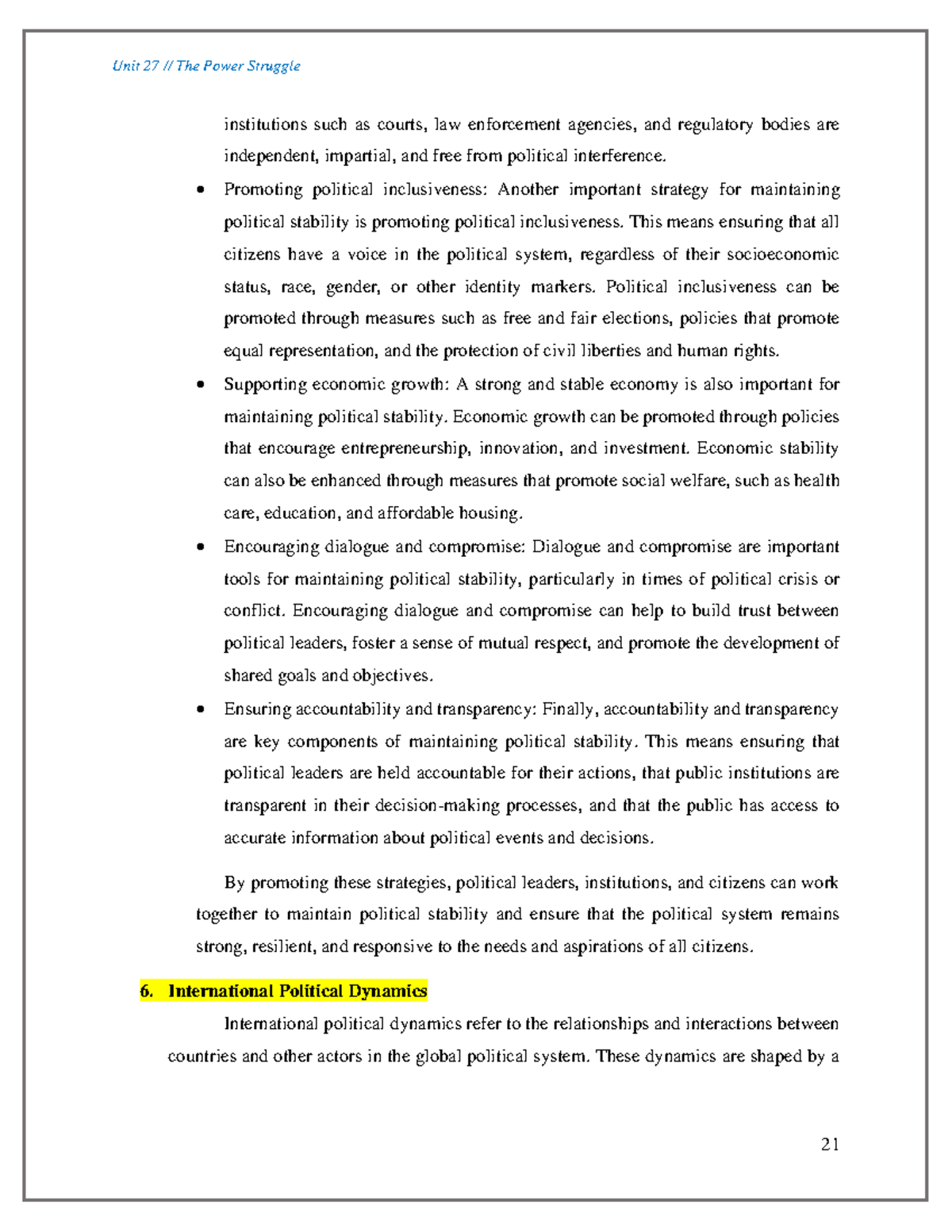 Pages 21-24 UNIT 27 The Power Struggle - institutions such as courts ...