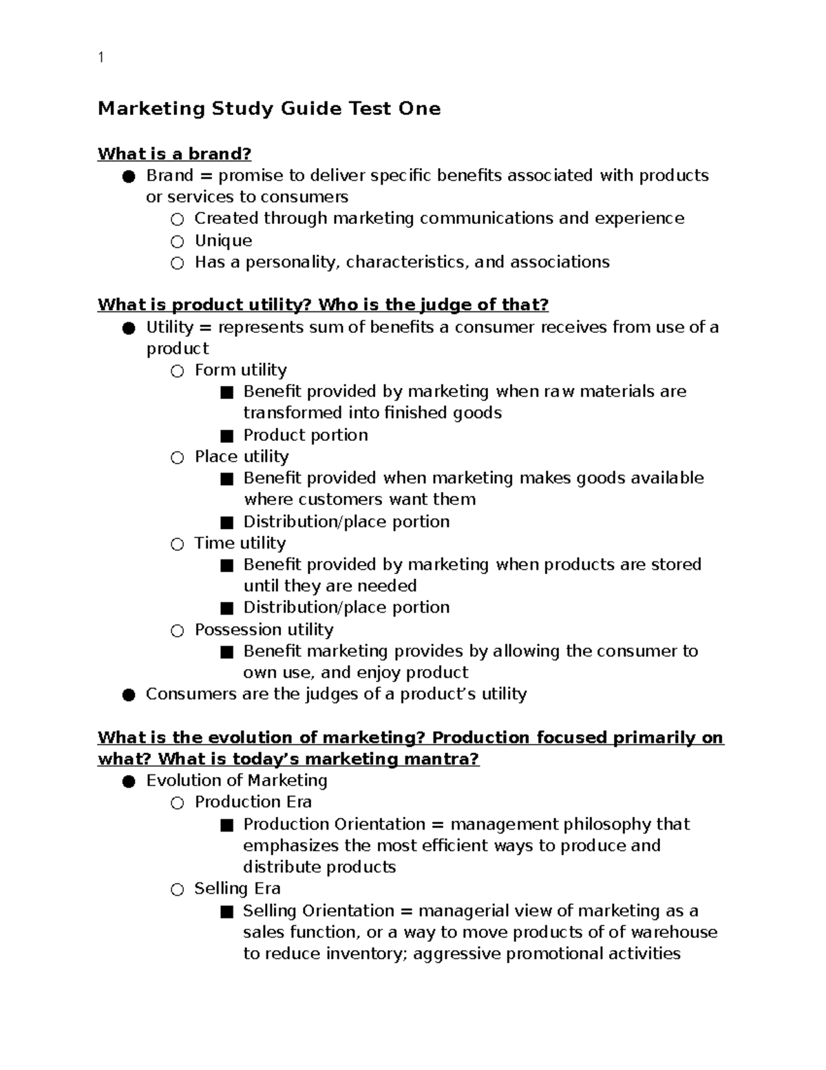 Marketing Answers Study Guide Test 1 - Marketing Study Guide Test One ...