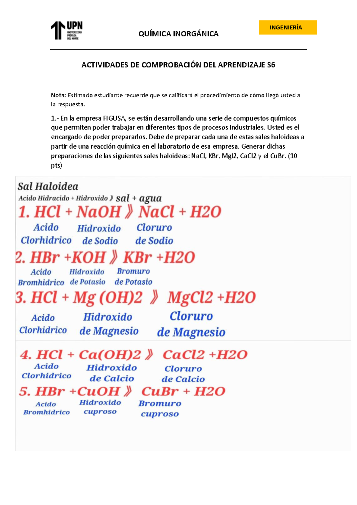 Actividades DE Comprobación DEL Aprendizaje S6 - QUÕMICA INORG¡NICA ACTIVIDADES DE COMPROBACI”N ...