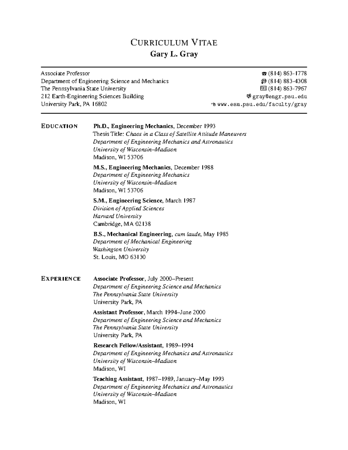 Cv-glg - CURRICULUM VITAE Gary L. Gray Associate Professor T(814) 863 ...