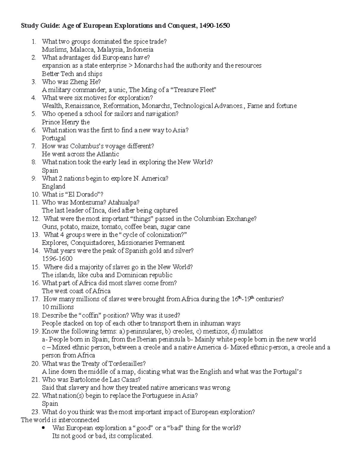 SG Explorers notes - Study Guide: Age of European Explorations and ...