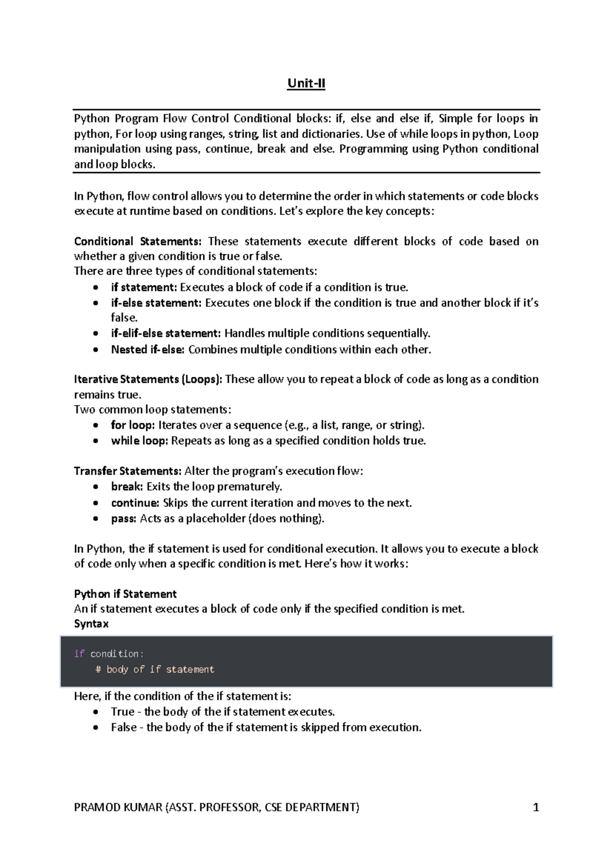 UNIT-II - unit 2 - Unit-II Python Program Flow Control Conditional blocks: if, else and else if ...