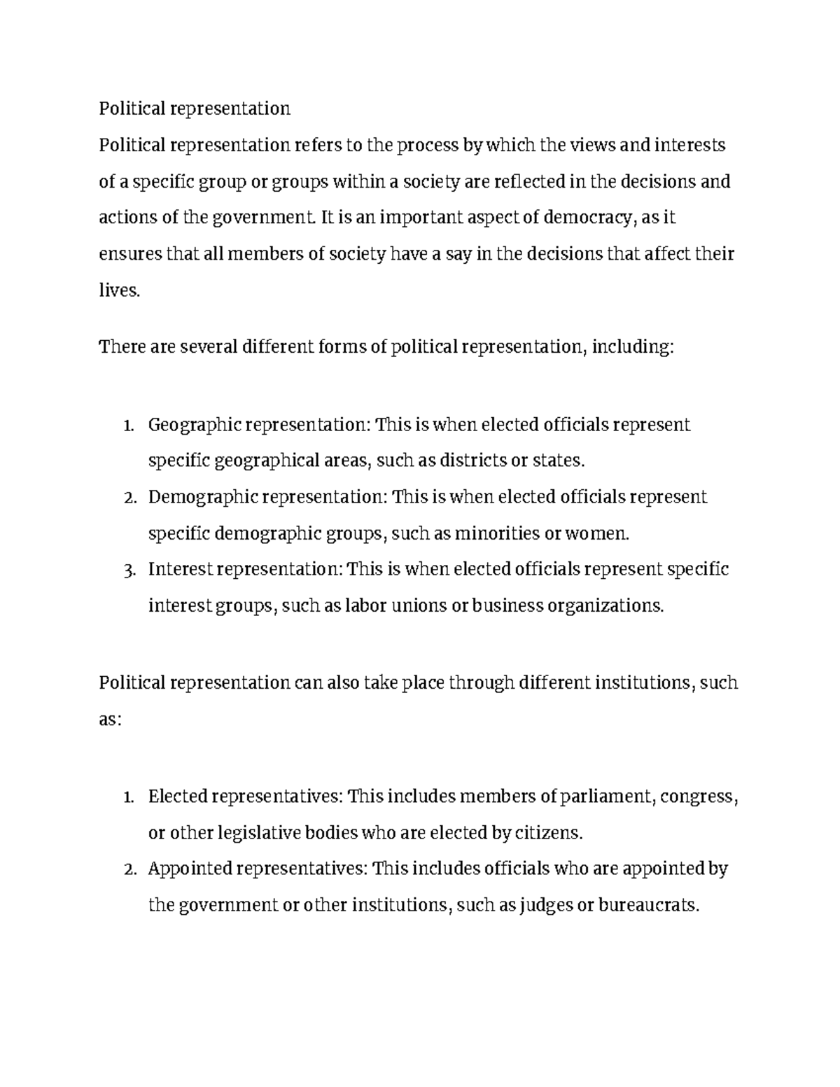 Political sciences(Political representation) - Political representation ...