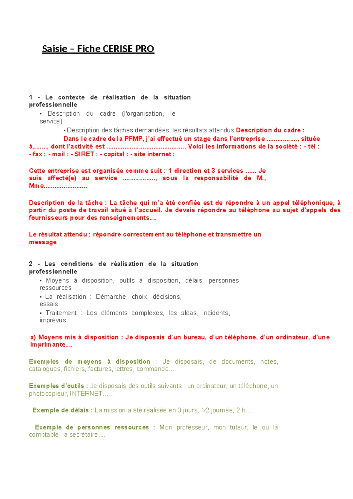 Methodologie Cerise PRO - Saisie – Fiche CERISE PRO 1 - Le contexte de ...