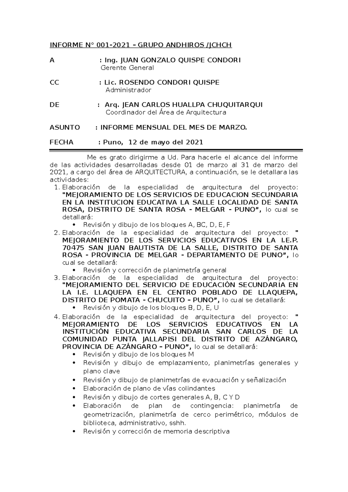 Conformidad de pago - INFORMES SOBRE EL DESARROLLO DE OBRAS EN VALOR - INFORME N° 001-2021 ...