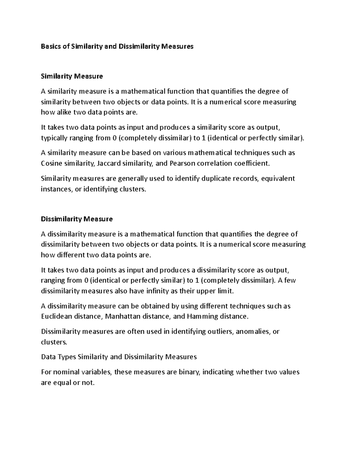 Basics of Similarity and Dissimilarity Measures - Basics of Similarity ...