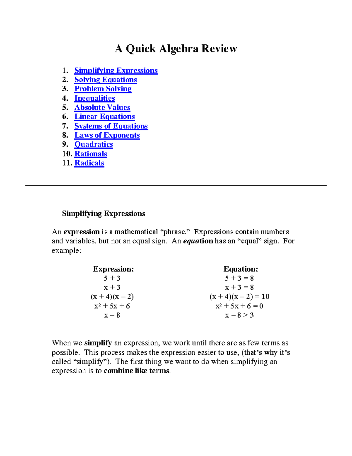 A Quick Algebra Review - It's help - A Quick Algebra Review 1 ...