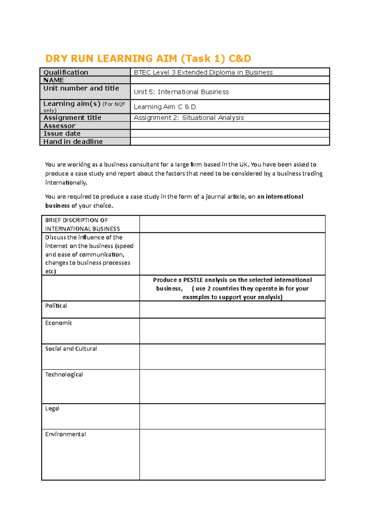 DRY RUN UNIT 5 Second Dryrun Learning AIM - DRY RUN LEARNING AIM (Task 1) C&D Qualification BTEC ...