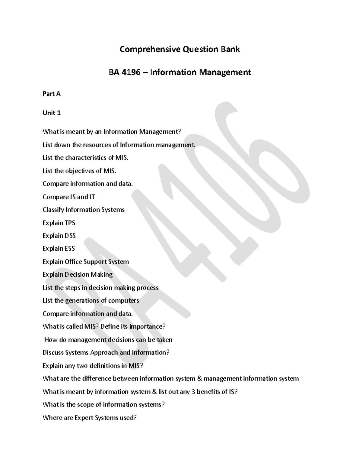 QA Bank BA4106 Information Management Revised - Comprehensive Question Bank BA 4196 ...