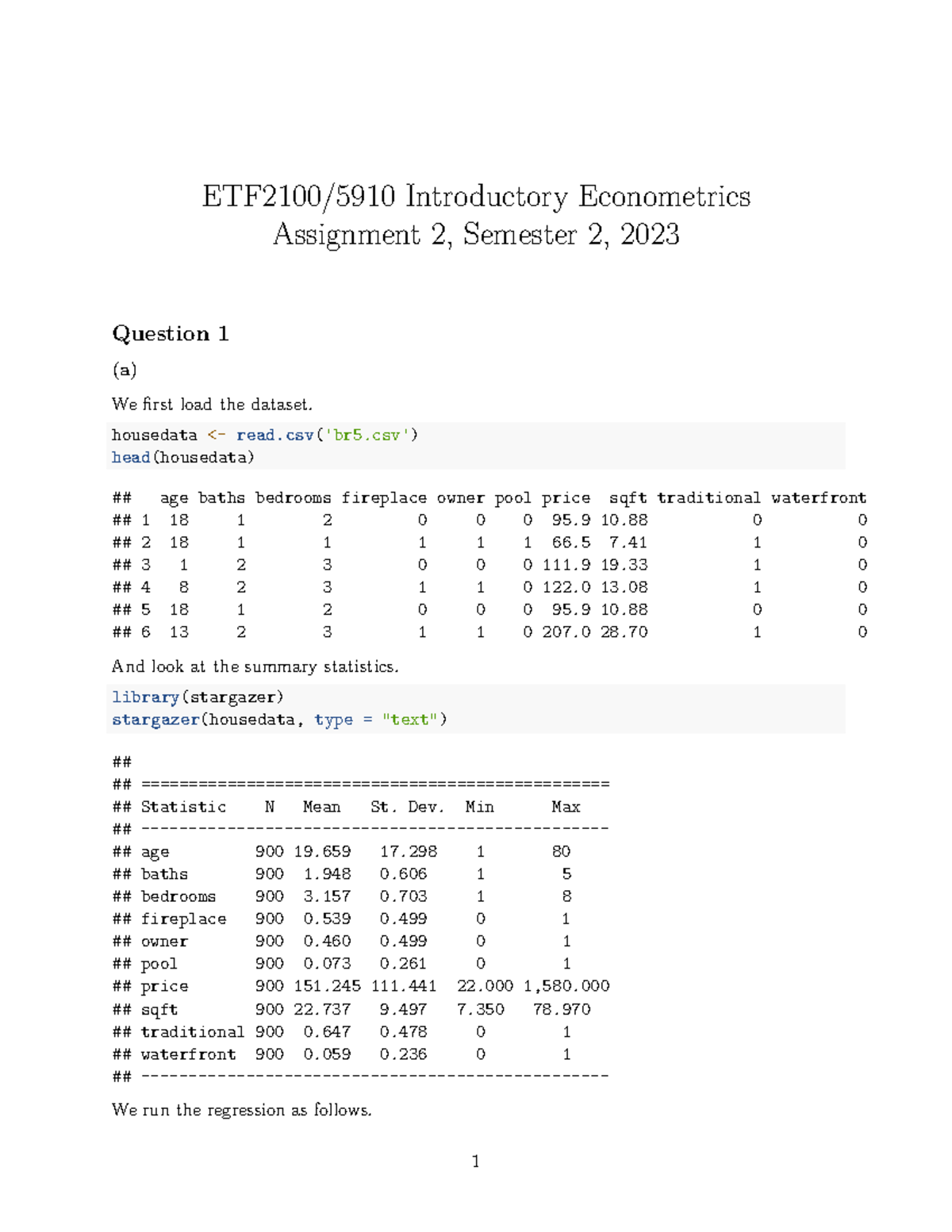 ETF2100 5910 Assignment 2 2023 S2 SOL - ETF2100/5910 Introductory Econometrics Assignment 2 ...