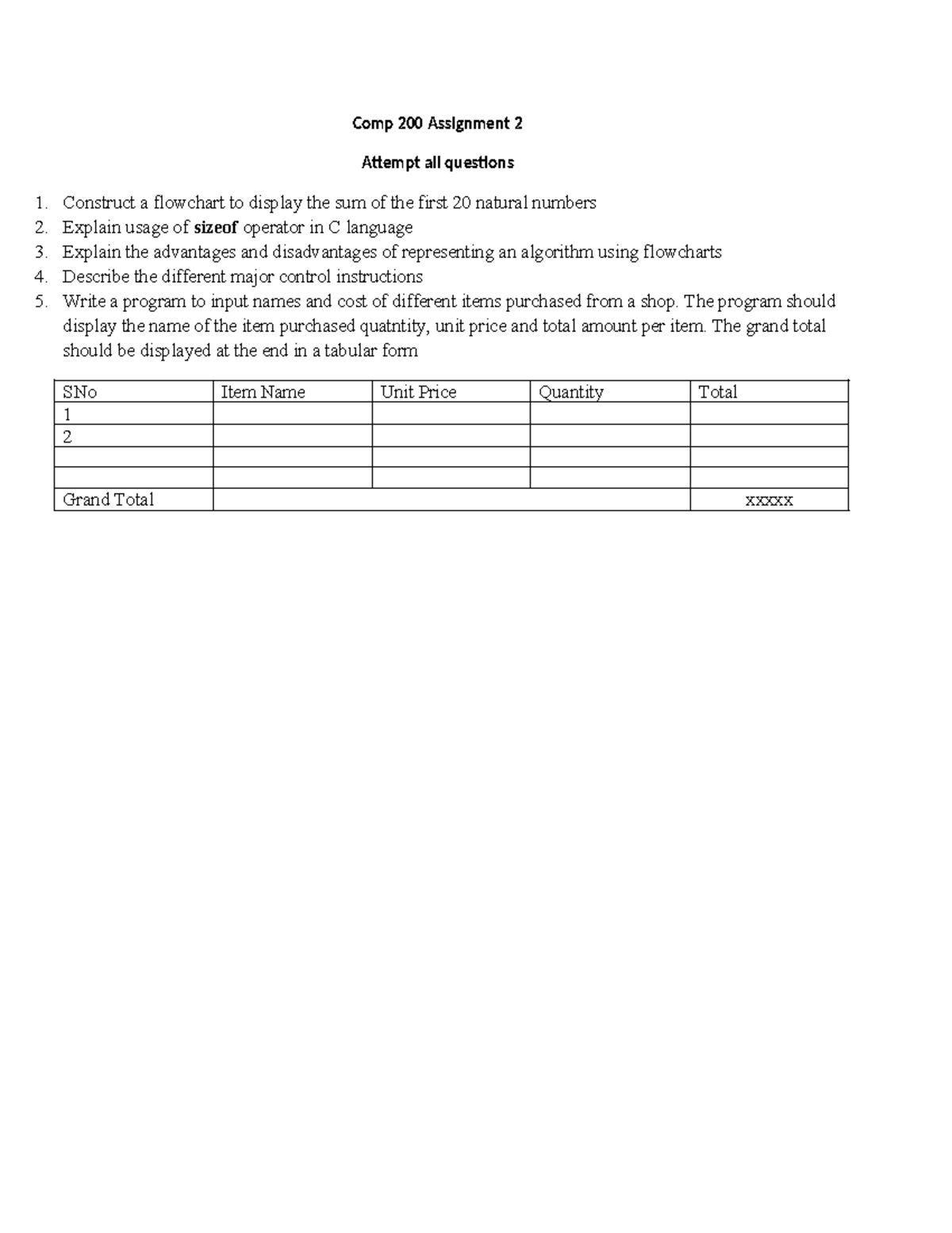 Comp200assigncomp200 - Comp 200 Assignment 2 Attempt all questions 1. Construct a flowchart to ...